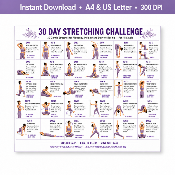 30 Day Stretching Challenge — Printable PDF Chart – VitaFlow Studio